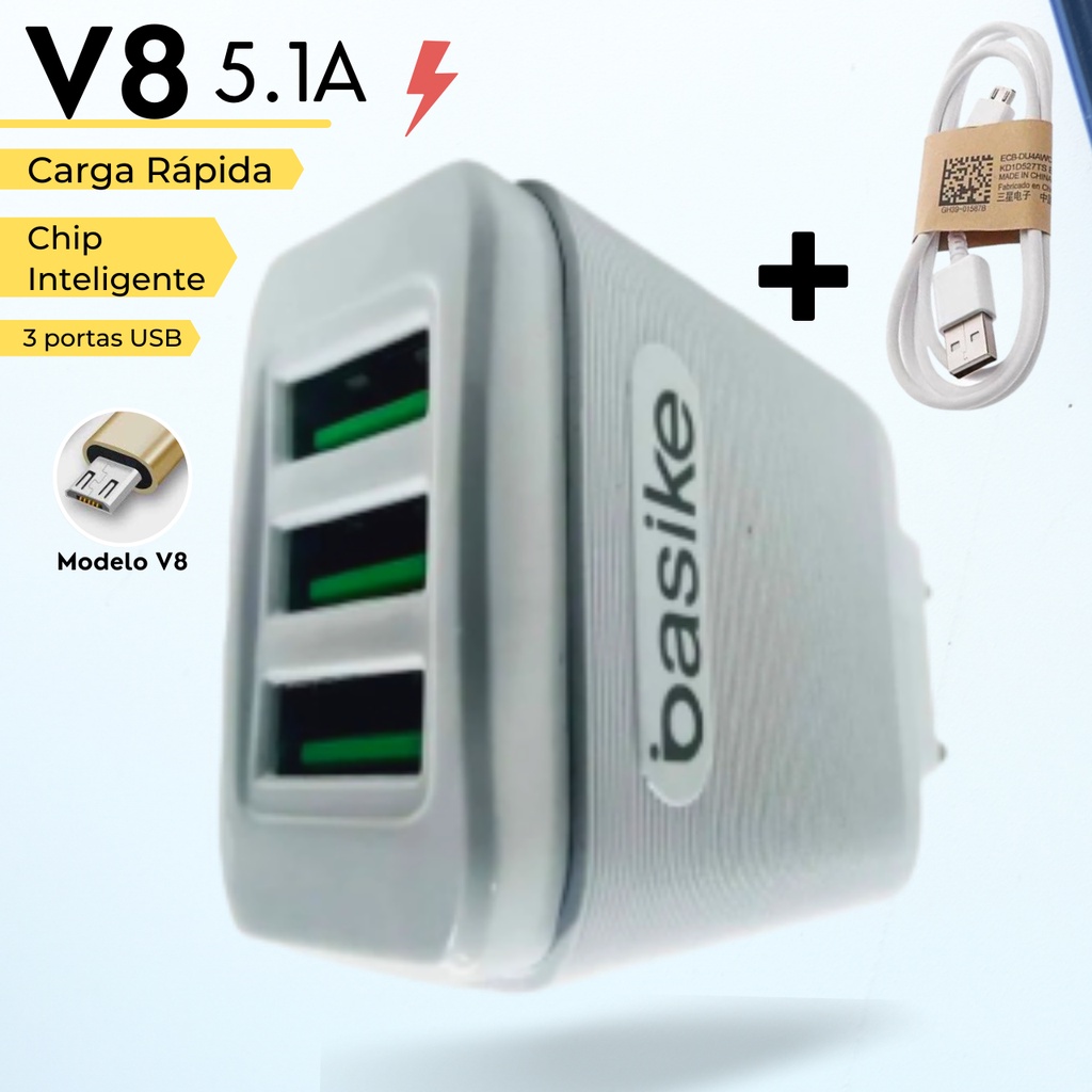 Carregador Turbo Celular V8 Micro Usb Basike 5.1A Com 3 Porta Usb Mais ...