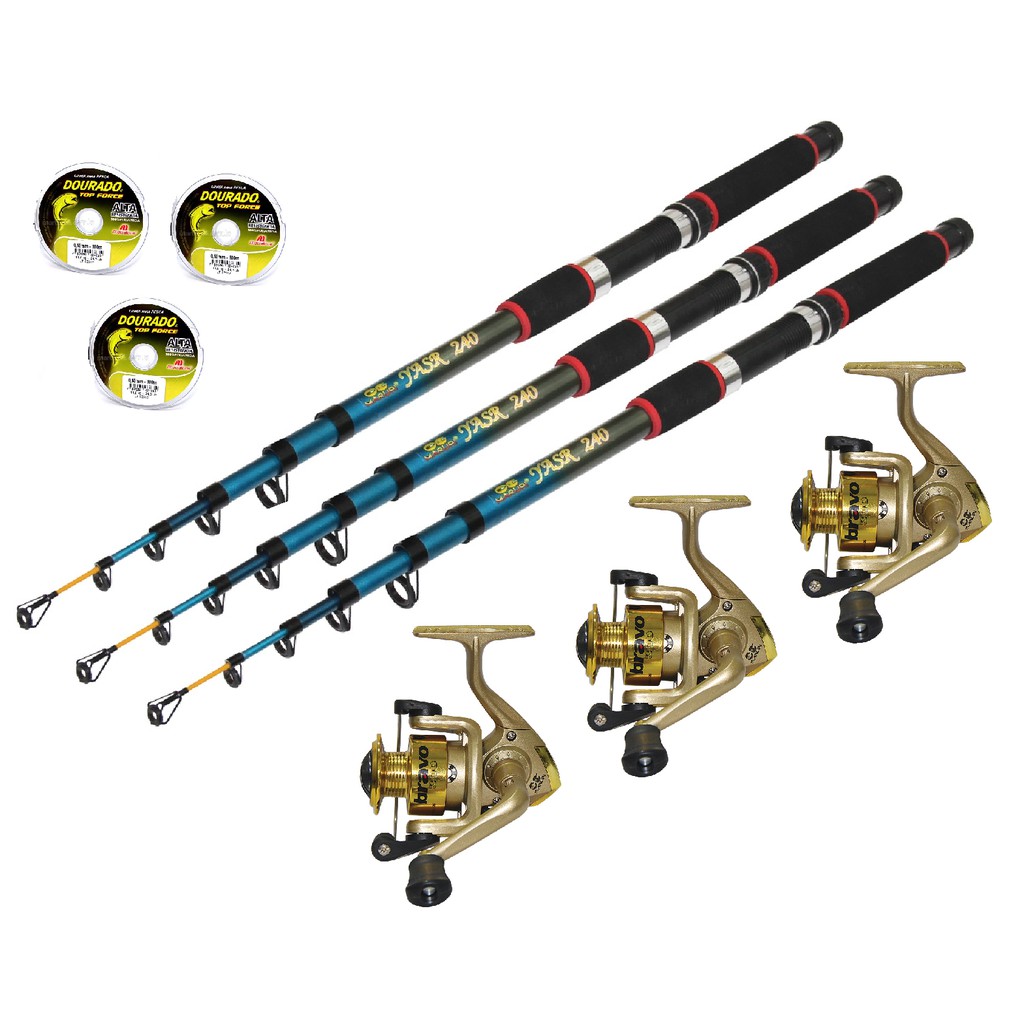 Kit De Pesca Maruri Com 3 Molinete De 3 Rolamentos + 3 Vara telescópica 1,80m + 3 Linha 100m ...