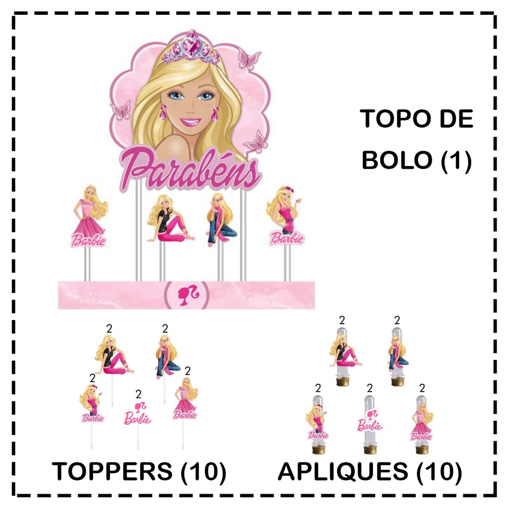 Topo de Bolo Barbie + Toppers para doces + Apliques para Lembrancinhas ...