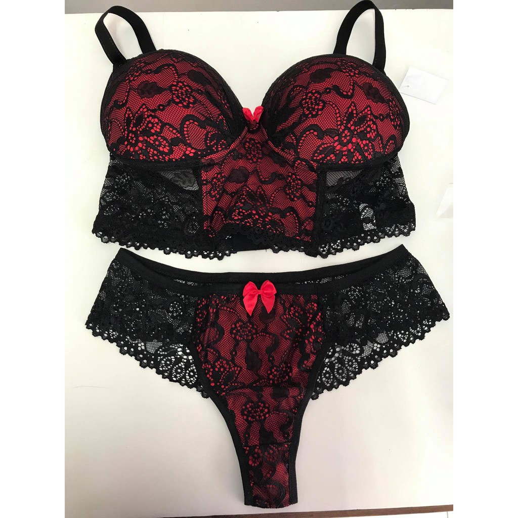 Conjunto Cropped Renda Calcinha E Sutiã Sexy Noite Romance Modinha Plus