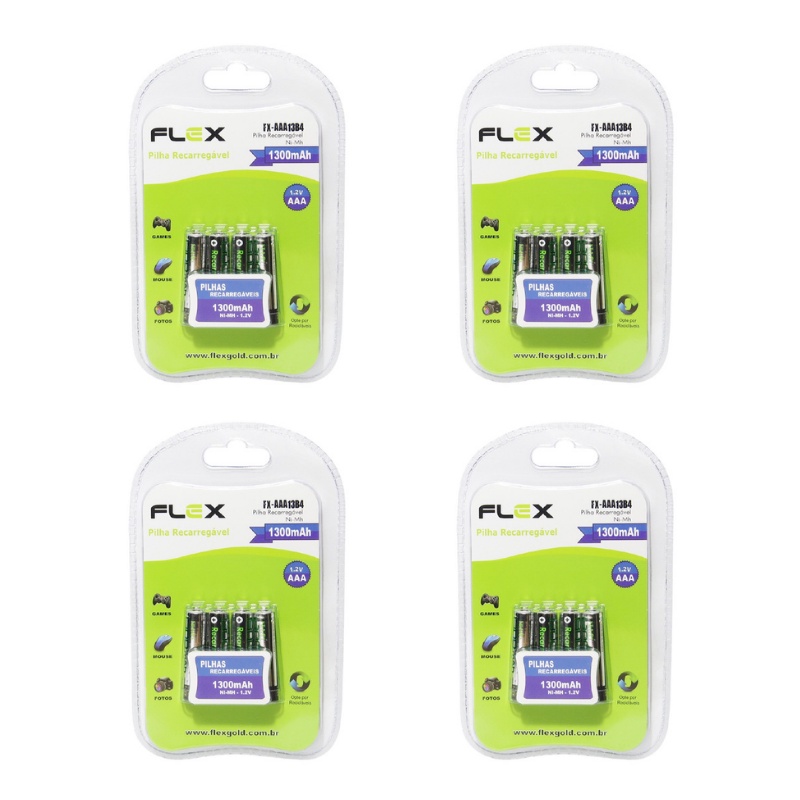 16 Pilhas Recarregavel Recarregaveis AAA 1300mah Cartela c/4 pilhas 1,2v Flex Fx-AAA13B4 ...