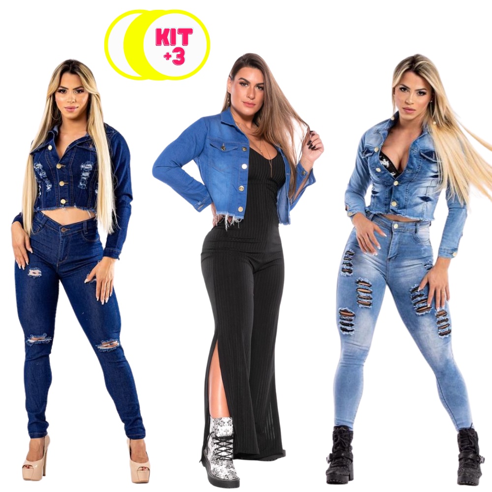 kit de 3 jaquetas jeans feminina barra desfiada azul denim roupa para ...