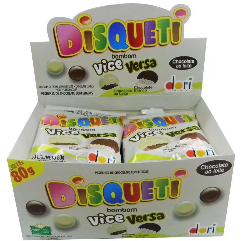 Disqueti bombom vice versa 80g chocolate ao leite e branco display com ...