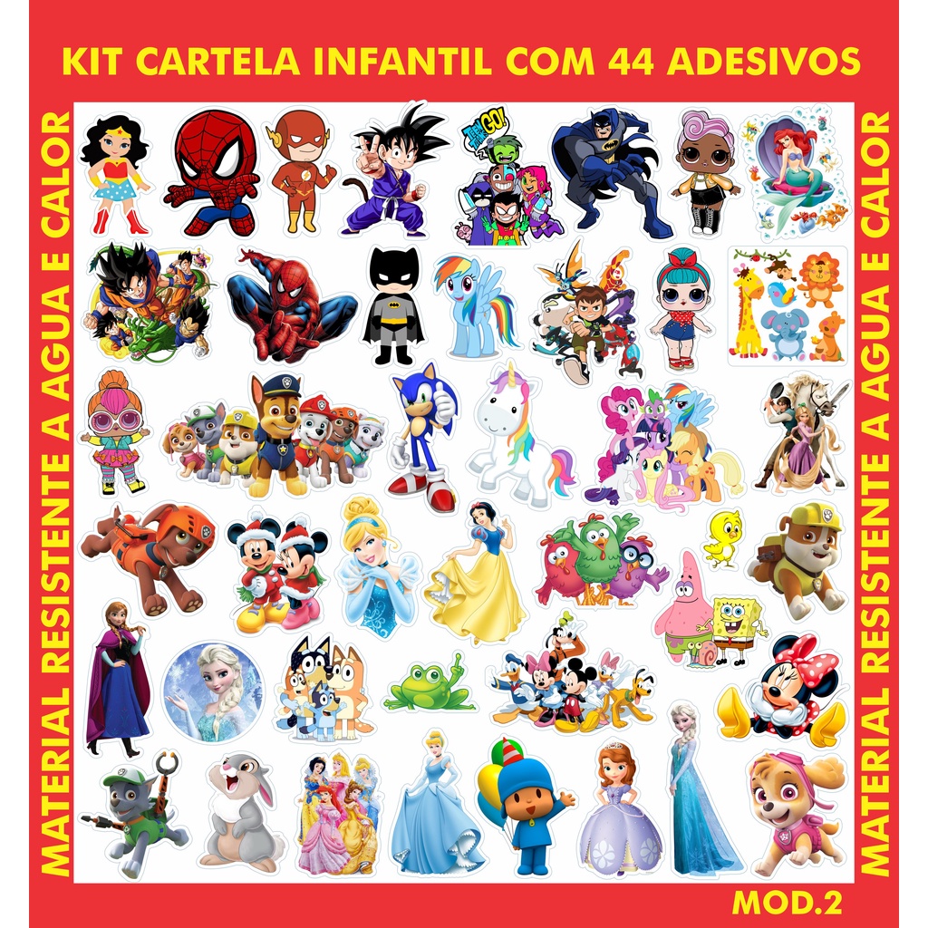 Kit Cartela de Adesivos Tema Infantil c/ 44 Adesivos + Brinde ...