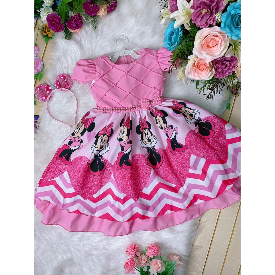 Vestido Minnie Rosa Com Tiara | Shopee Brasil
