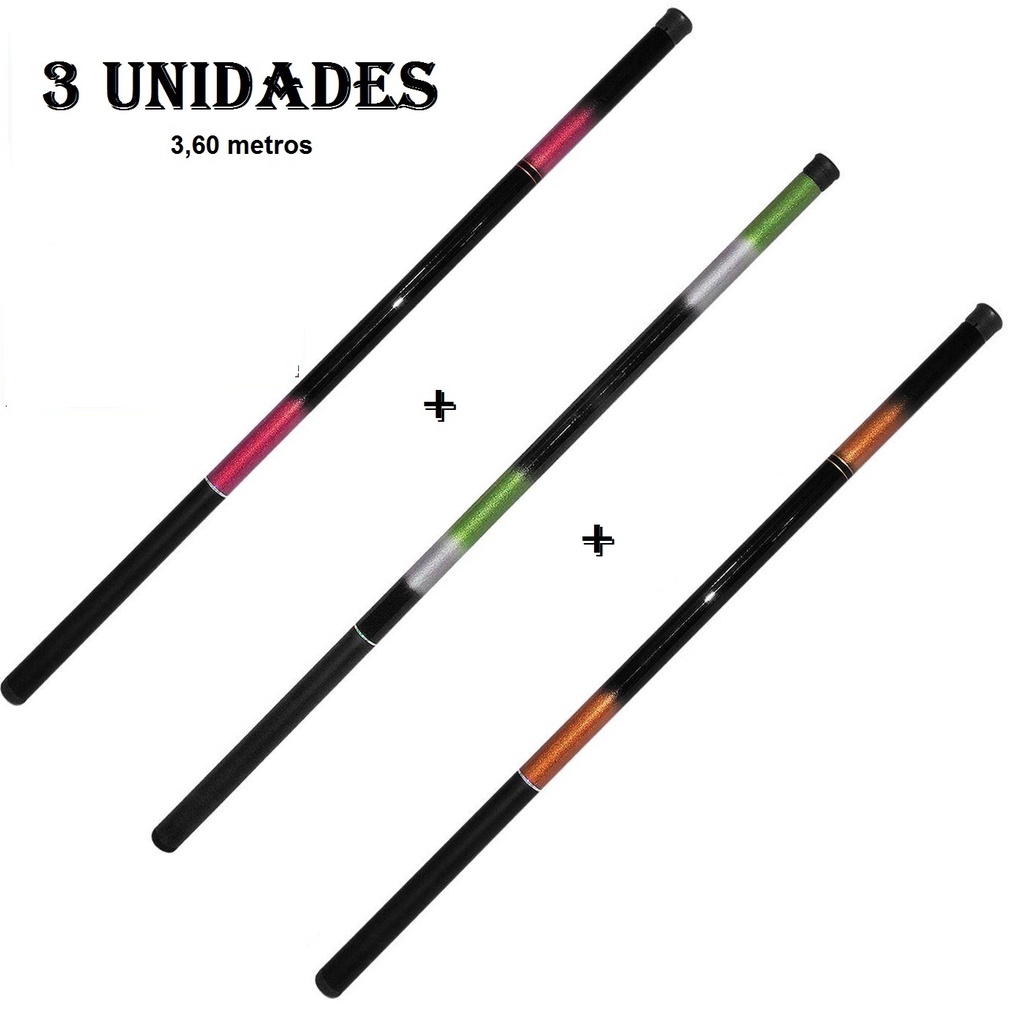 kit 3 varas de pesca telescopica 3,60 metros cada - Fibra de Vidro ...