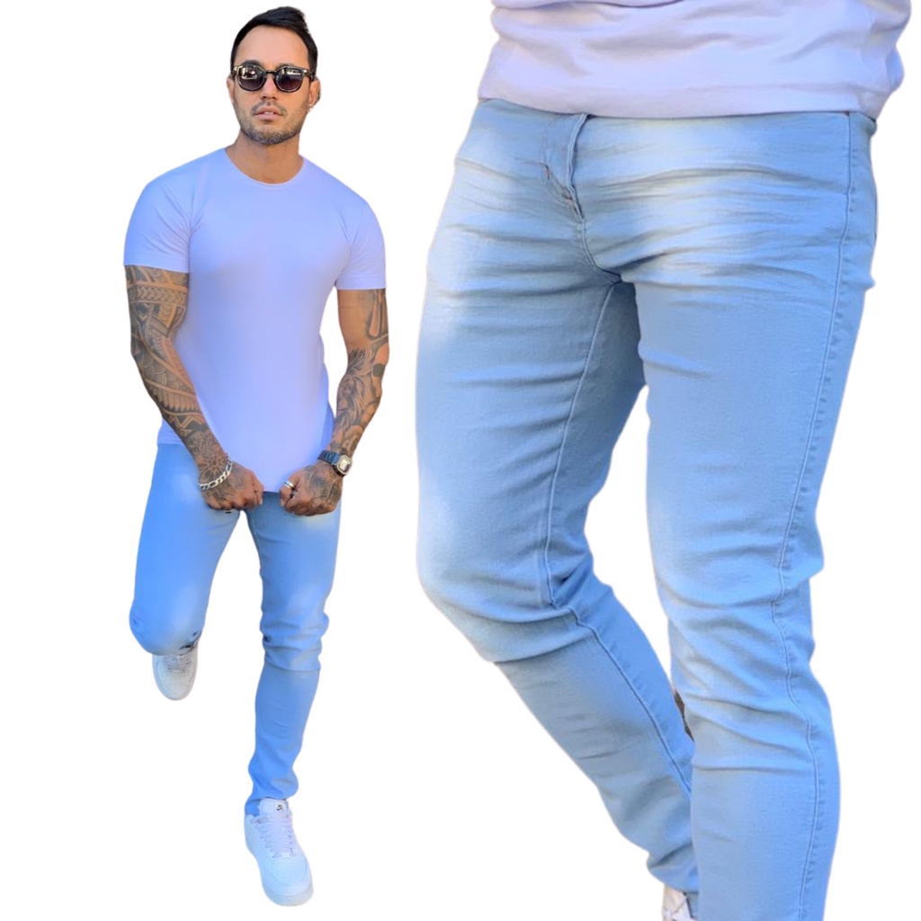Calça Jeans Masculina Super Skinny Com Lycra Rasgada Elastano Premium