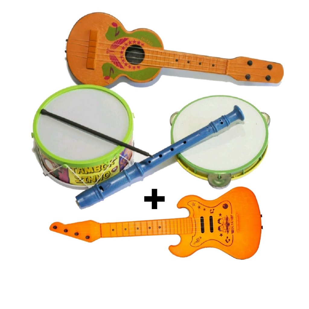 Kit Musical Brinquedos Educativo C/4 Instrumentos Tambor Violão pandeiro Flauta Infantil ...