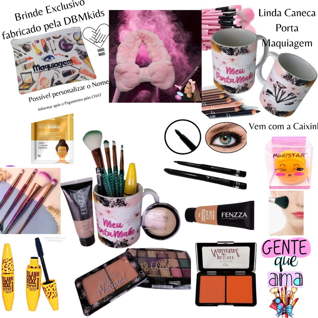 Kit Maquiagem presente completo com caneca porta pinceis e necessaire ...