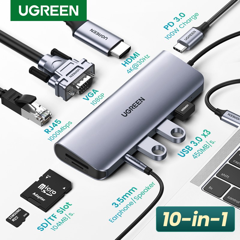 UGREEN USB C 10 in 1 Type C Hub with Ethernet 4K HDMI VGA Power Delivery 3 USB 3.0 Ports 3.5mm ...