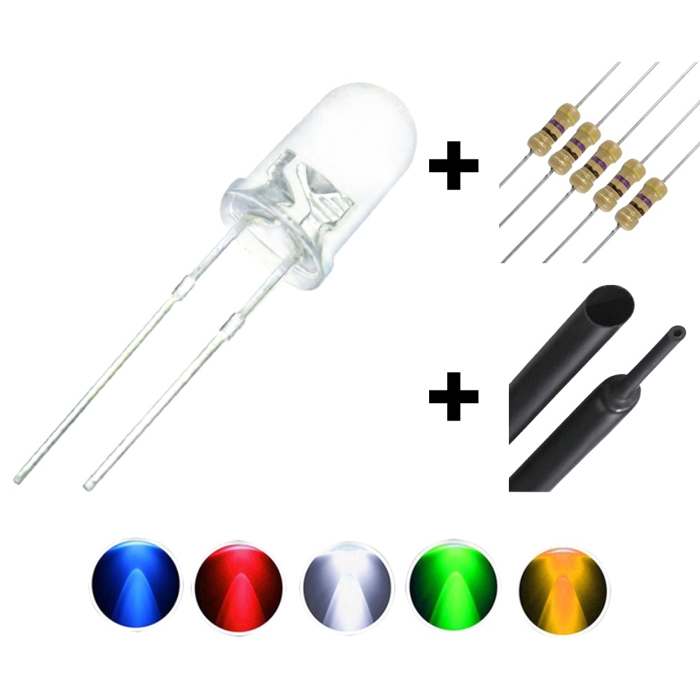 Kit de 50 Unidades 5 cores Led 5mm Alto Brilho + Termo + Resistor 5v 9v ...
