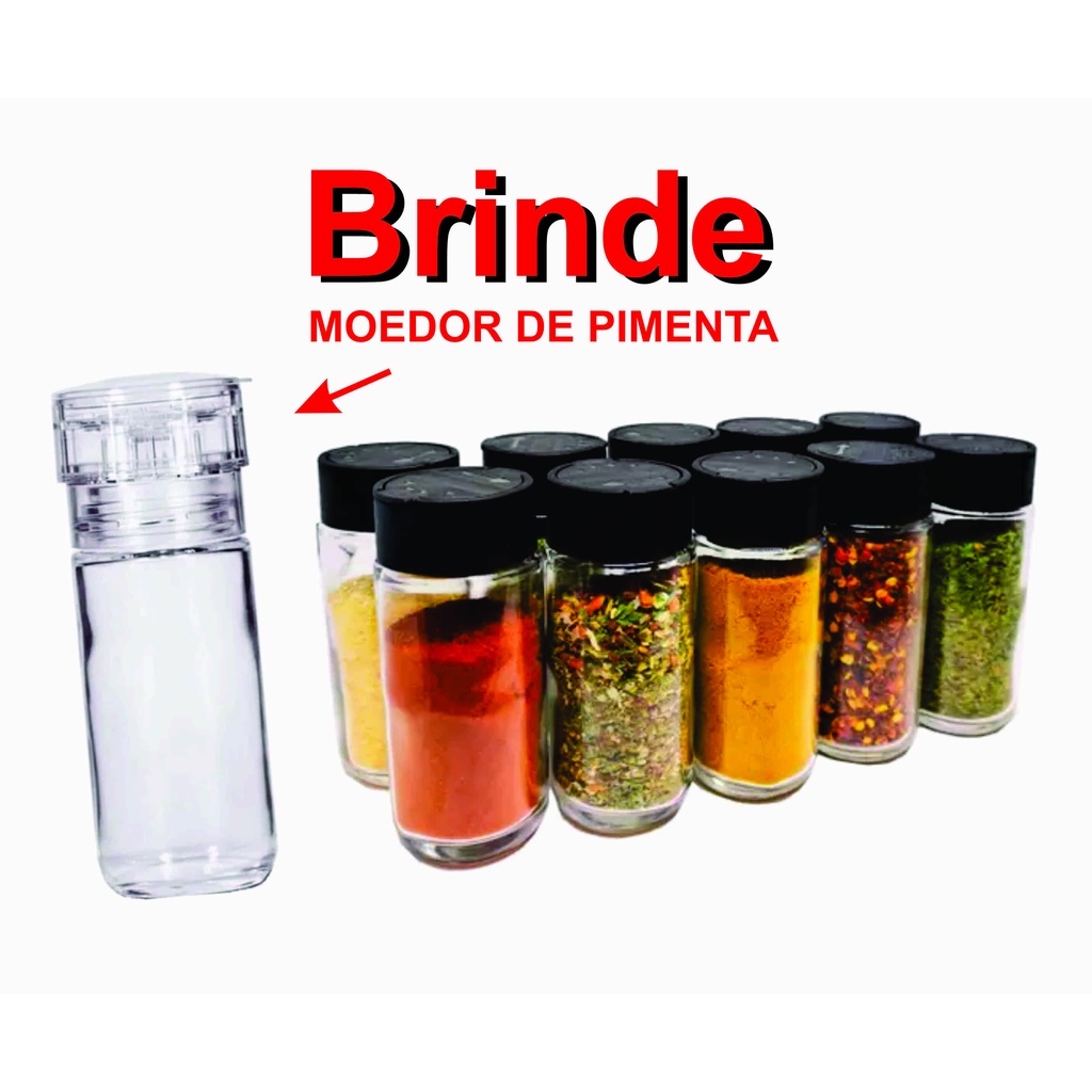 Kit Com 10 Potes Tempero De Vidro Tampa Dosadora Dupla + Etiquetas ...