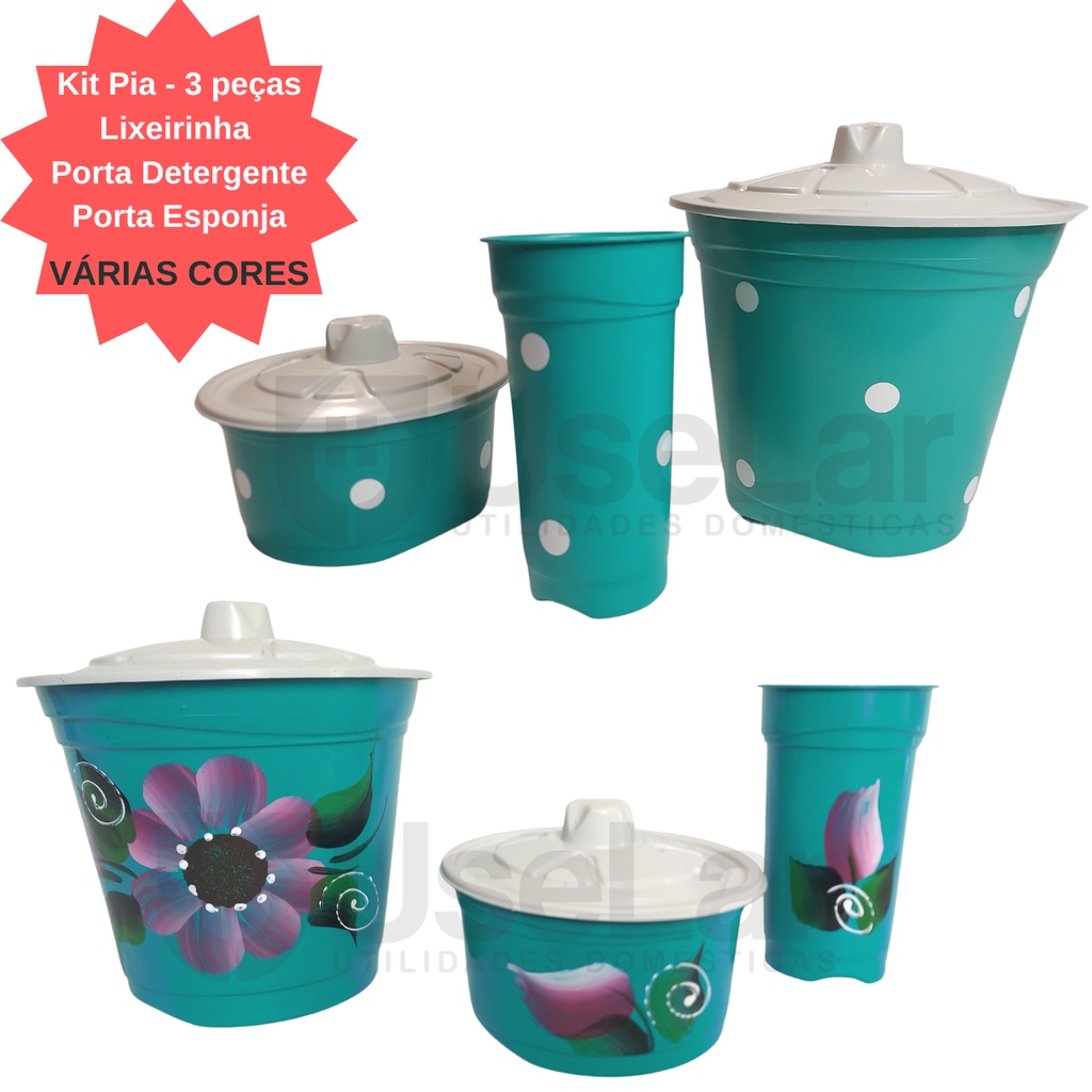 Kit Pia 3 Peças Lixeira Porta Esponja e Detergente Plástico Cozinha ...