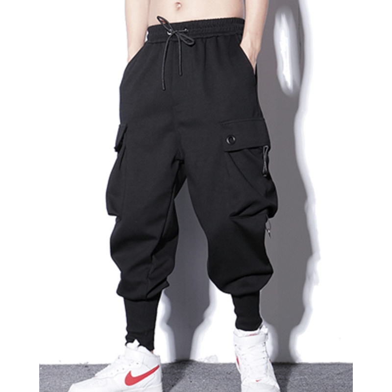 Calças Da Carga Dos Homens Bolso Hip Hop Preto Jogger Sweatpants