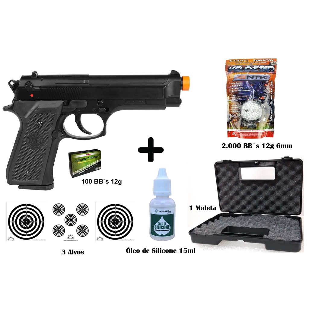 Pistola de Airsoft Spring KWC Beretta M92 + Pacote com 2000 BBs NTK 0,12g + 3 Alvos + 1 Óleo de ...