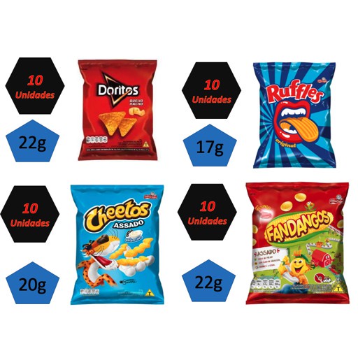 Kit 10 unidades Mini Salgadinhos Doritos Cheetos Fandangos Ruffles Sortidos - Elma Chips ...