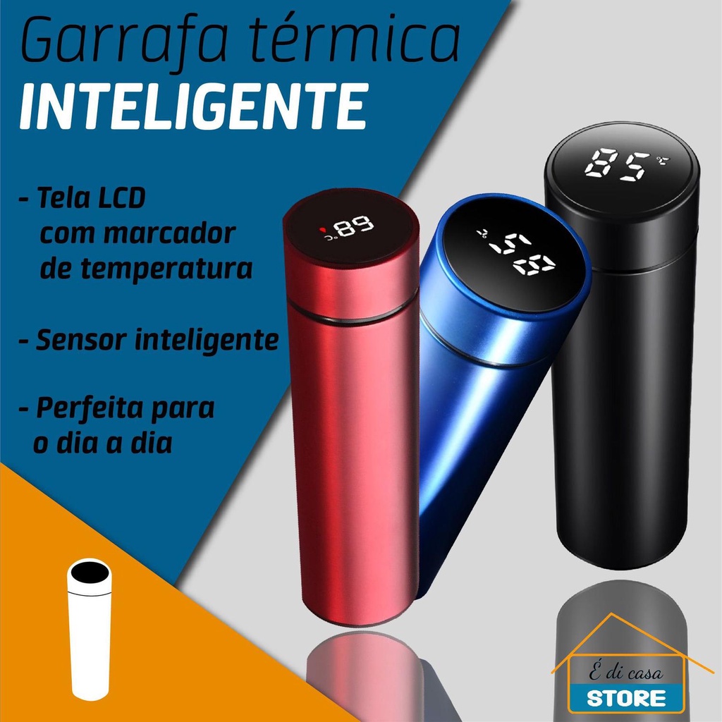 Garrafa Térmica Led Display Inox Com Termômetro Portátil 480ml mostra temperatura gelado e ...