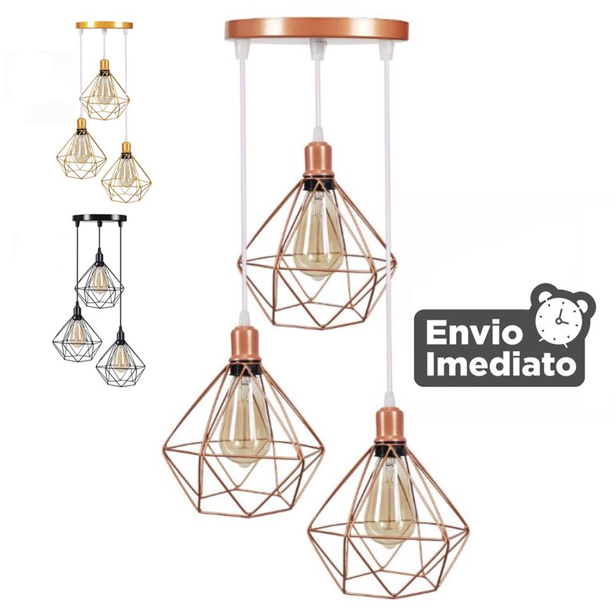 Lustre Pendente Triplo Diamante Aramado Bocal C/ Capa Rose Gold Cabos 1 ...