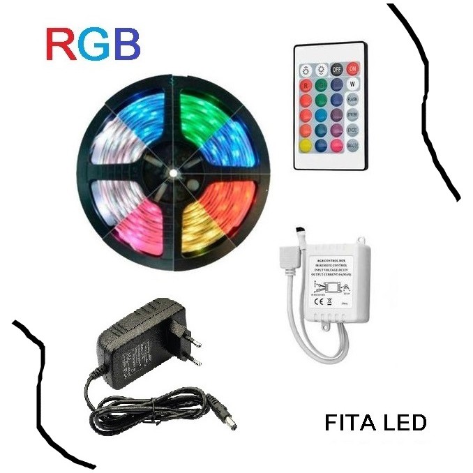 Fita Led 5 metros Rgb 16 Cores 5050 Prova D'agua + Fonte + Controle Para Setup Gamer Tv Quarto ...
