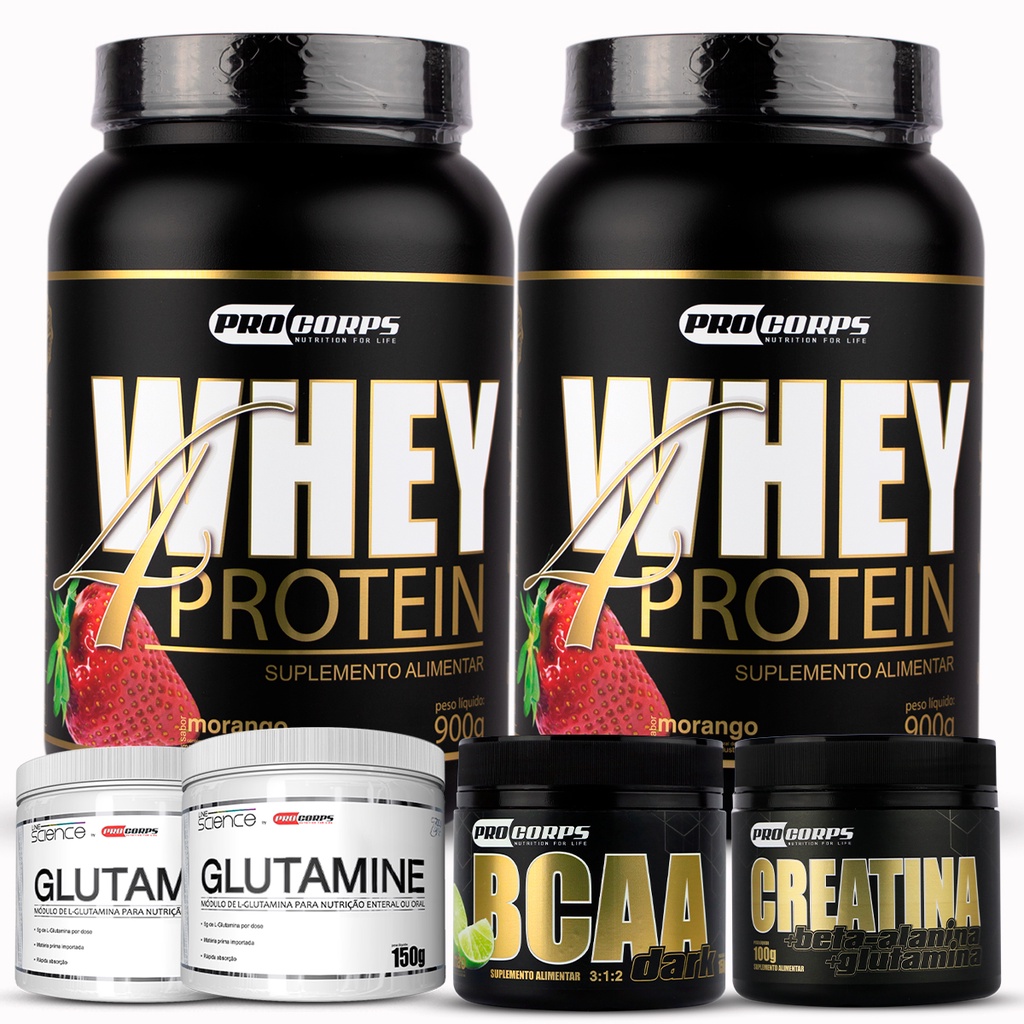 Kit 2 Whey 4 Protein 900g + 2 glutamina 150g + 1 BCAA 150g + 1 creatina 100g | Shopee Brasil