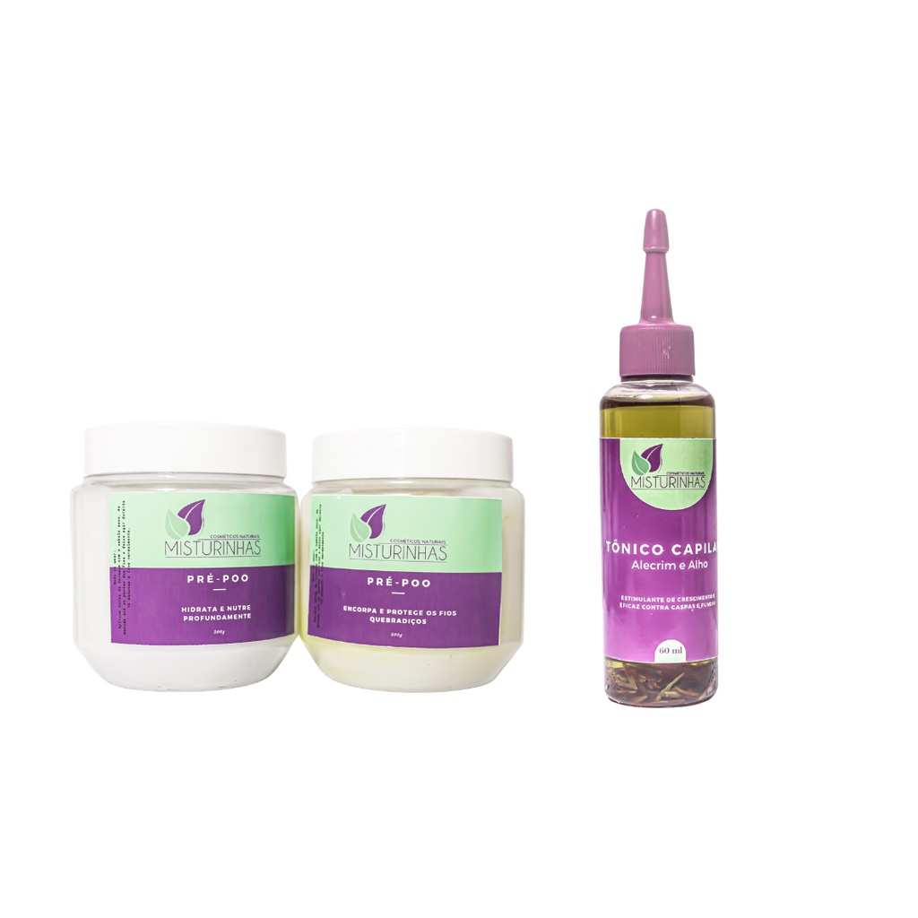 2 Pré poo (pré shampoo) 230g + 1 Tônico capilar anti queda e anti caspa ...