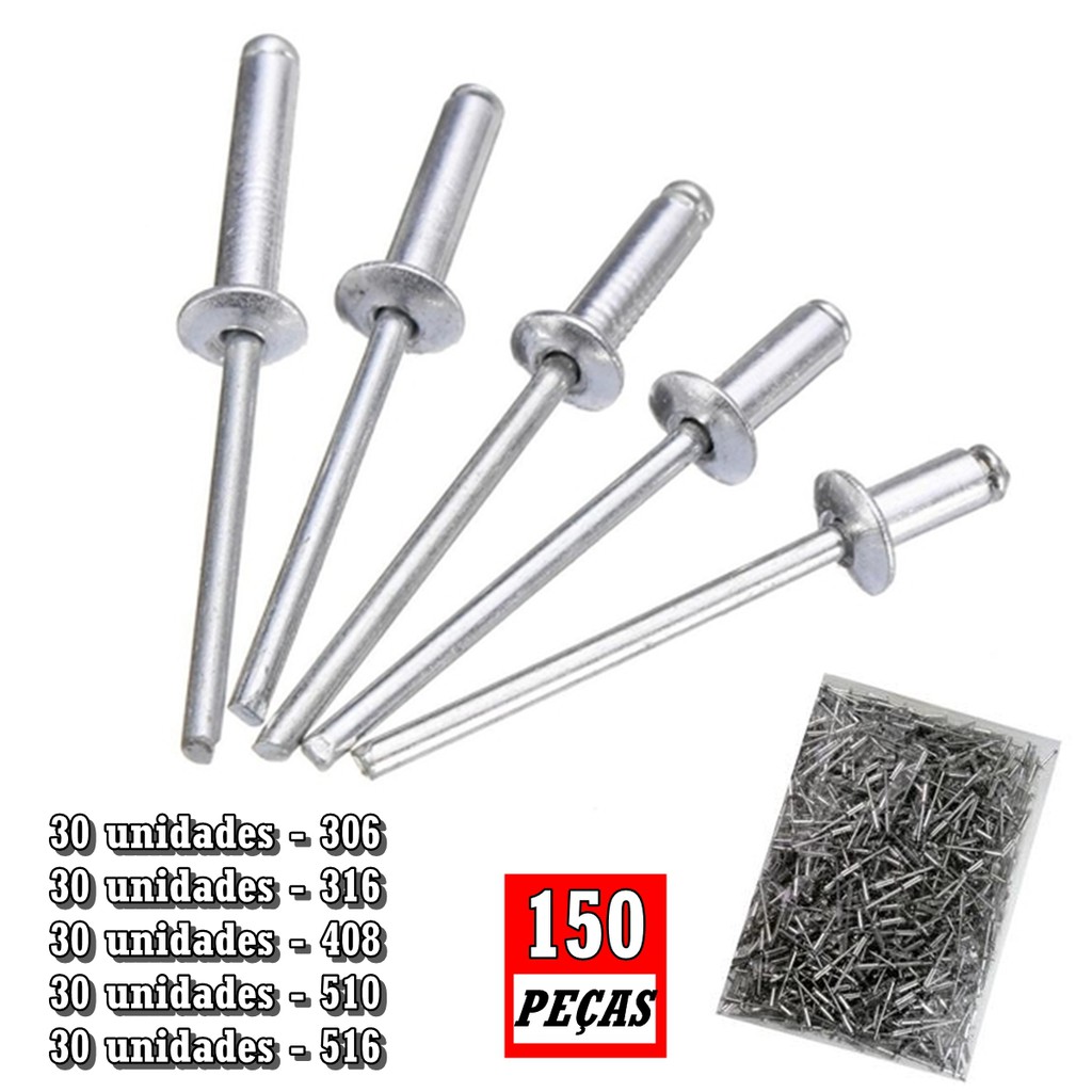 Rebite de Repuxo Aluminio Fixall Kit 150 Unidades 5 Medidas | Shopee Brasil