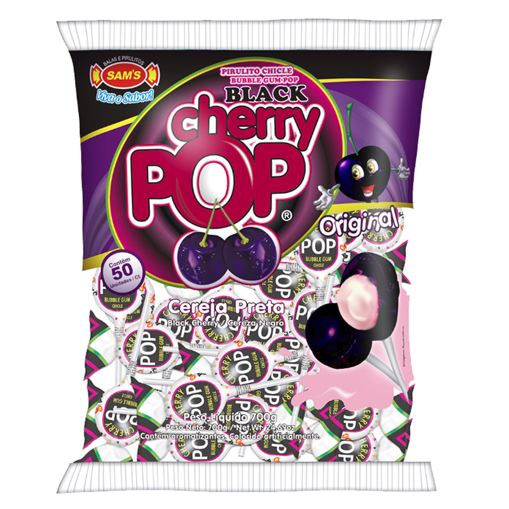 Pirulito Cherry Pop Black Recheio Chiclete c/50 - Sams | Shopee Brasil