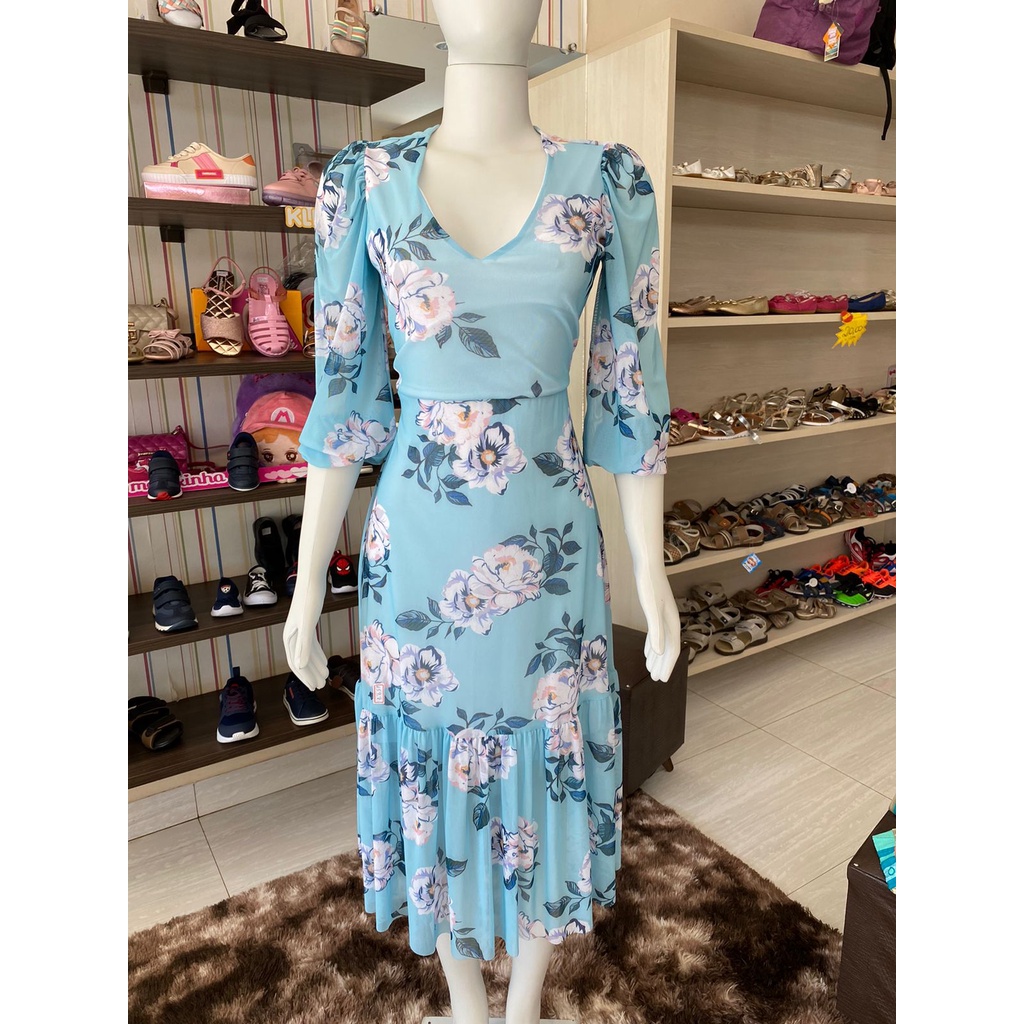 Vestido Midi Manga Longa em Tule Florido Azul | Shopee Brasil