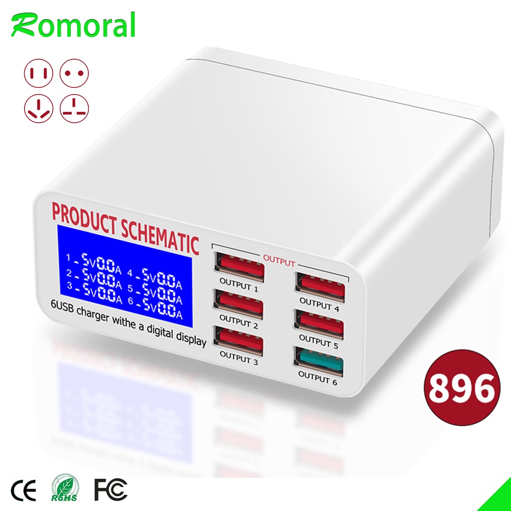 Carregador QC3.0 USB Com Display LCD 6 Portas De Telefone Celular De Mesa Carregamento Rápido ...