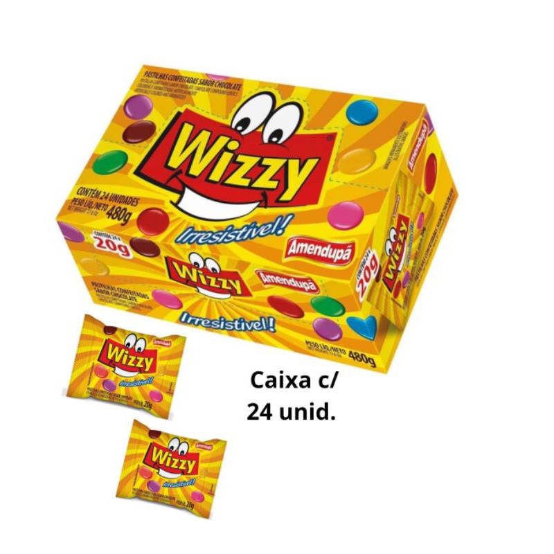 Wizzy caixa com 24 unidades - disquete - confete - pastilhas de chocolate amendupã atacado | BeeCost