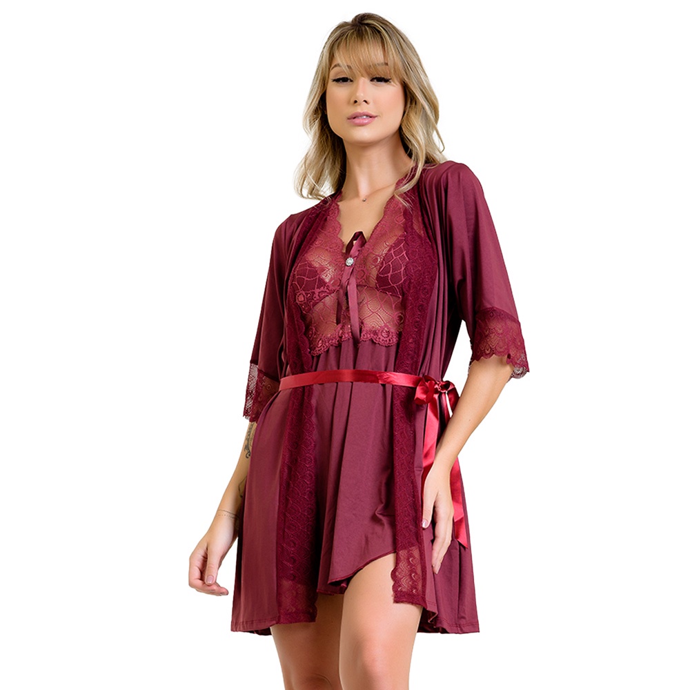 Kit Robe Kimono com Camisola Microfibra e Renda Moda Feminina | 843.850 | Shopee Brasil