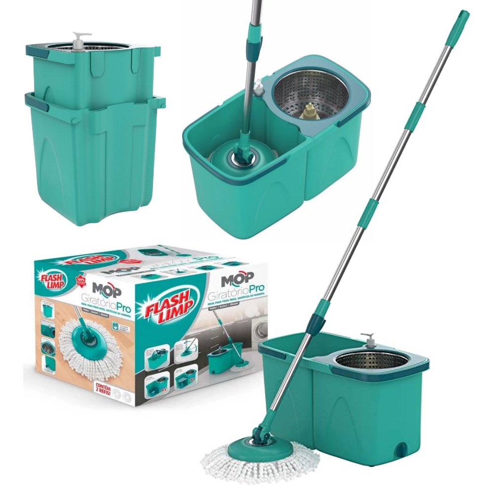 Mop Giratorio Pro com Refil Extra cesto inox - Flaslimp | Shopee Brasil