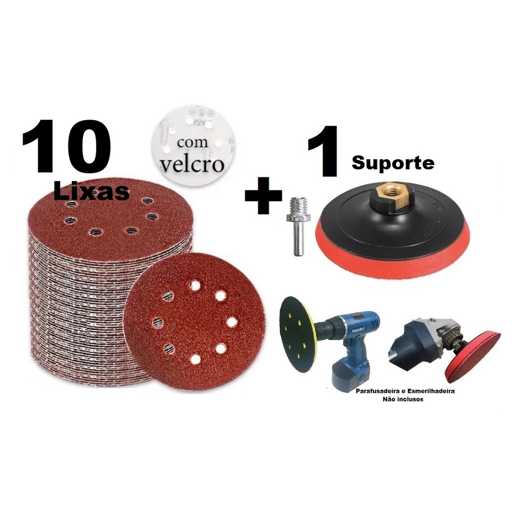 kit 10 Discos de Lixa 125mm (5") 8 Furos com Pluma + 1 Suporte e ...