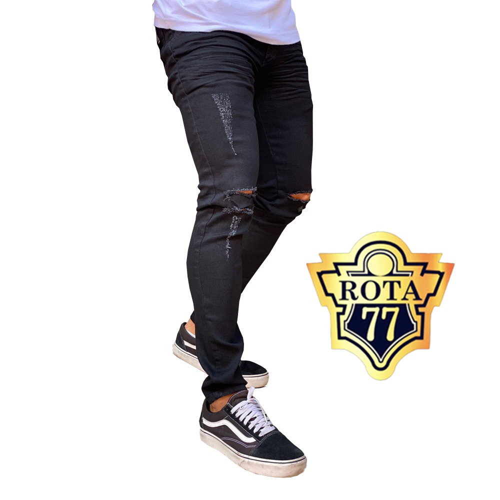 Calça Jeans Masculina Preta Rasgada Skinny Com Lycra Faz A Boa