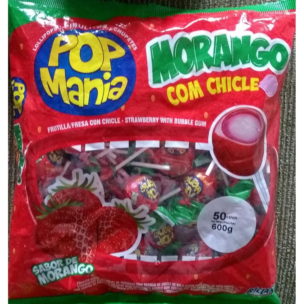 Pirulito POP MANIA com chiclete sabor morango 600g | Shopee Brasil
