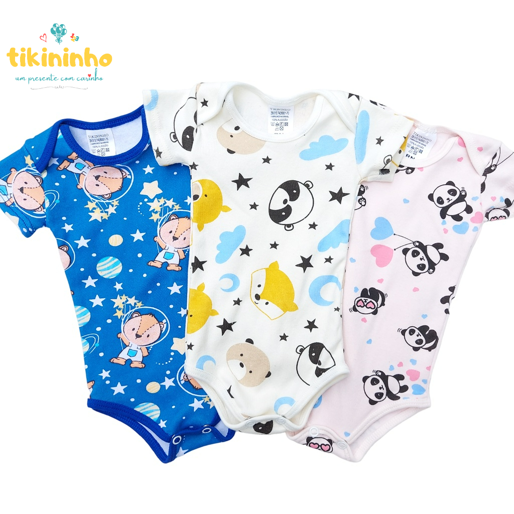 KIT 3 Body de Bebê Manga Curta Estampado Bebe MENINO MENINA - Desconto ...