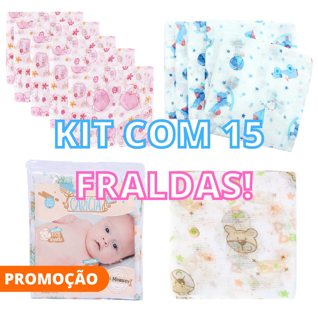 Fralda de Pano para Bebe Kit com 15 Unidades 60x60cm 100% algodão ...