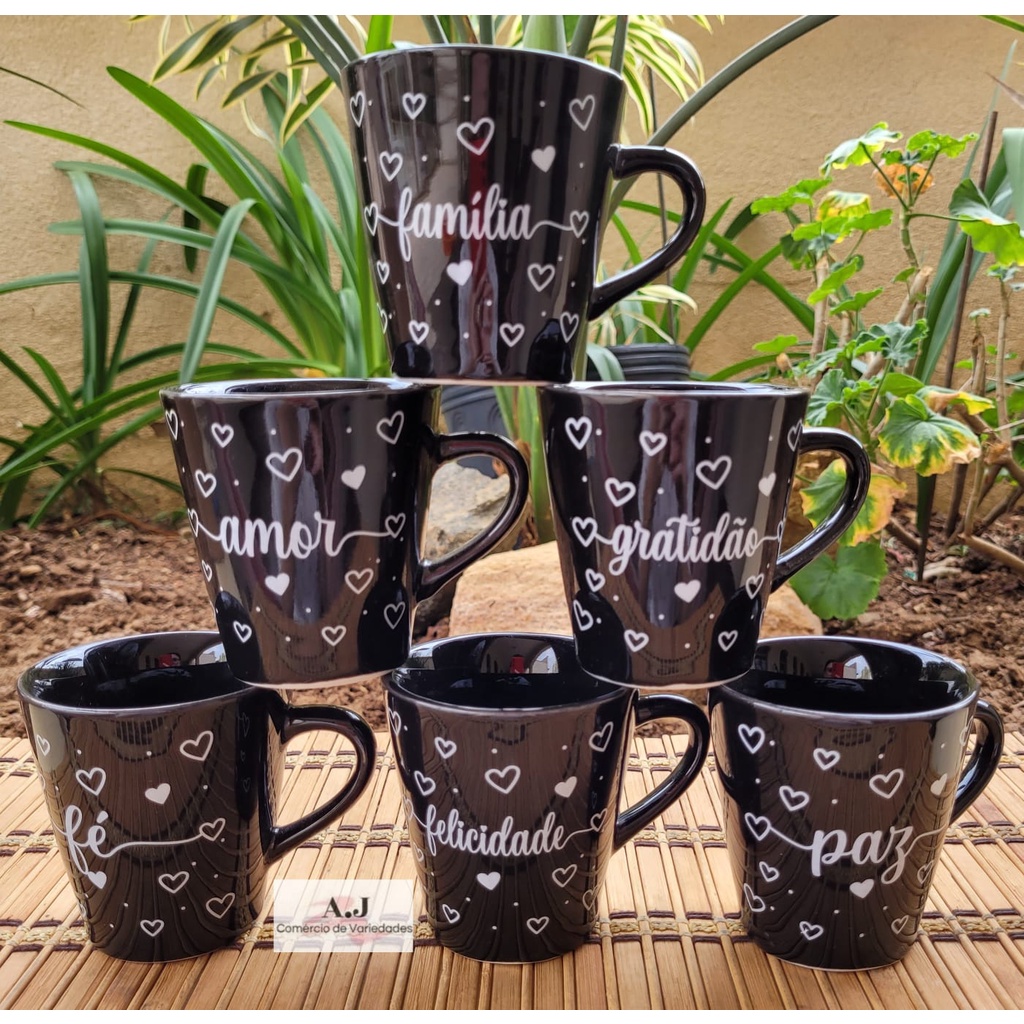 Jogo 6 Xicaras Porcelana Preta Decorada frases 120ml | Shopee Brasil