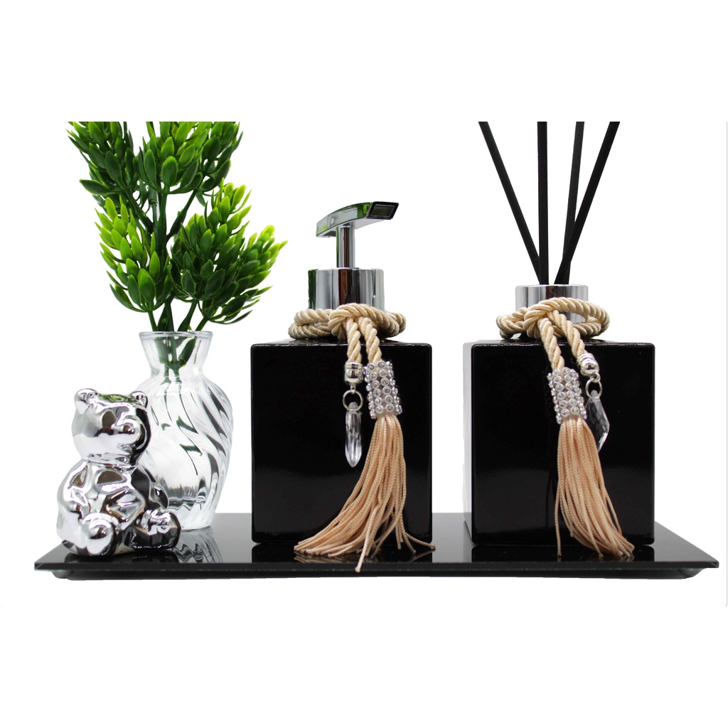 Kit Vidros Super Luxo Preto 250ml Com Vaso e Bandeja Para Lavabo ...