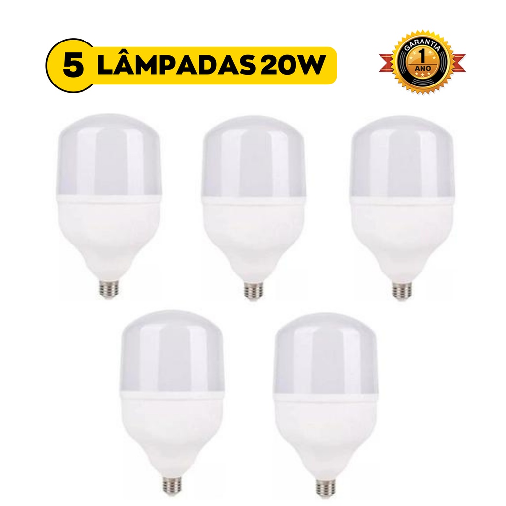Kit 5 Lâmpadas Led Alta Potência 20w 6500k E27 Super Branca Para ...