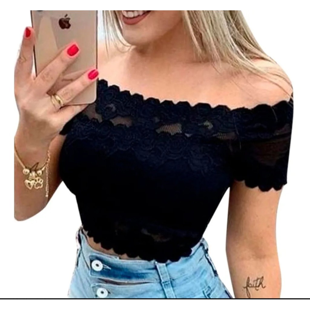 Top Cropped Renda Desenhado Manga Curta Cigana Ombro A Ombro | Shopee ...