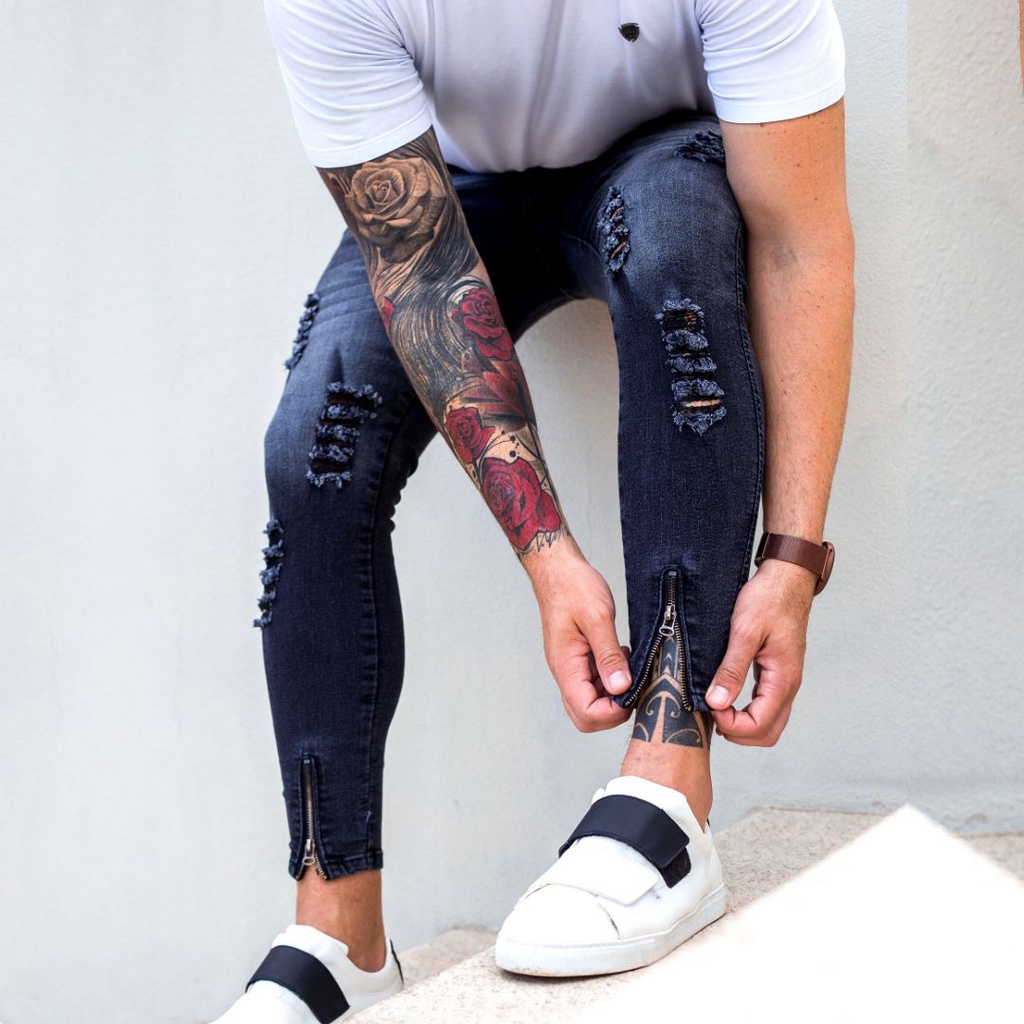 Calça Masculina Jeans Skinny Ballad Com Lycra Preta Cinza Ziper