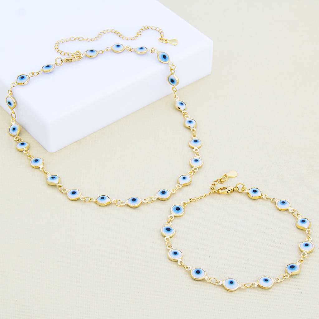 Kit Conjunto Colar Com Pulseira Olho Grego Feminino Moda Semi Joias ...