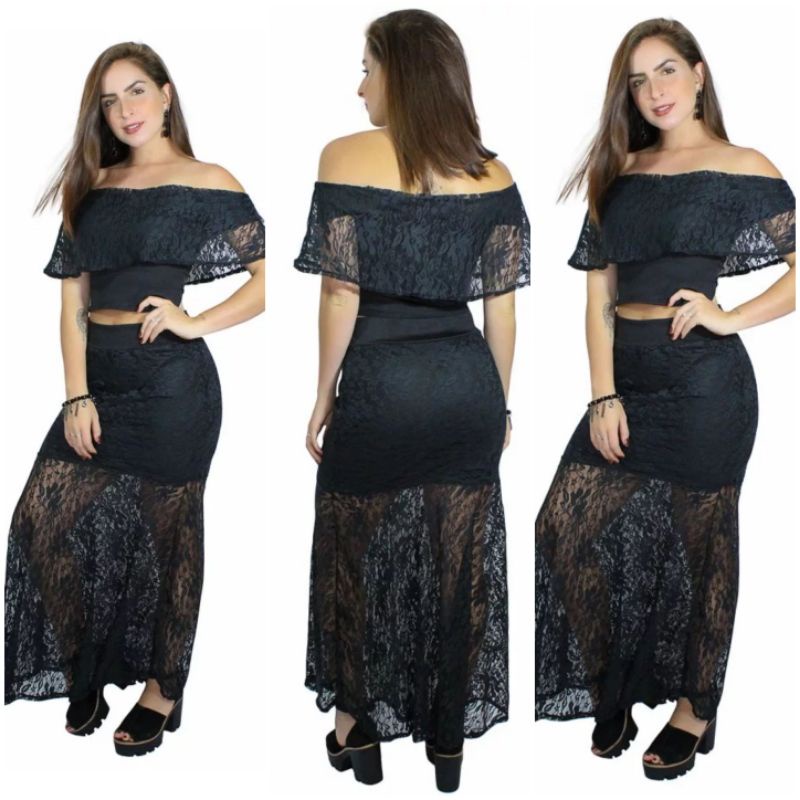 Conjunto Cropped com Babado de Renda e Saia de Renda Longa REF: C0032 ...