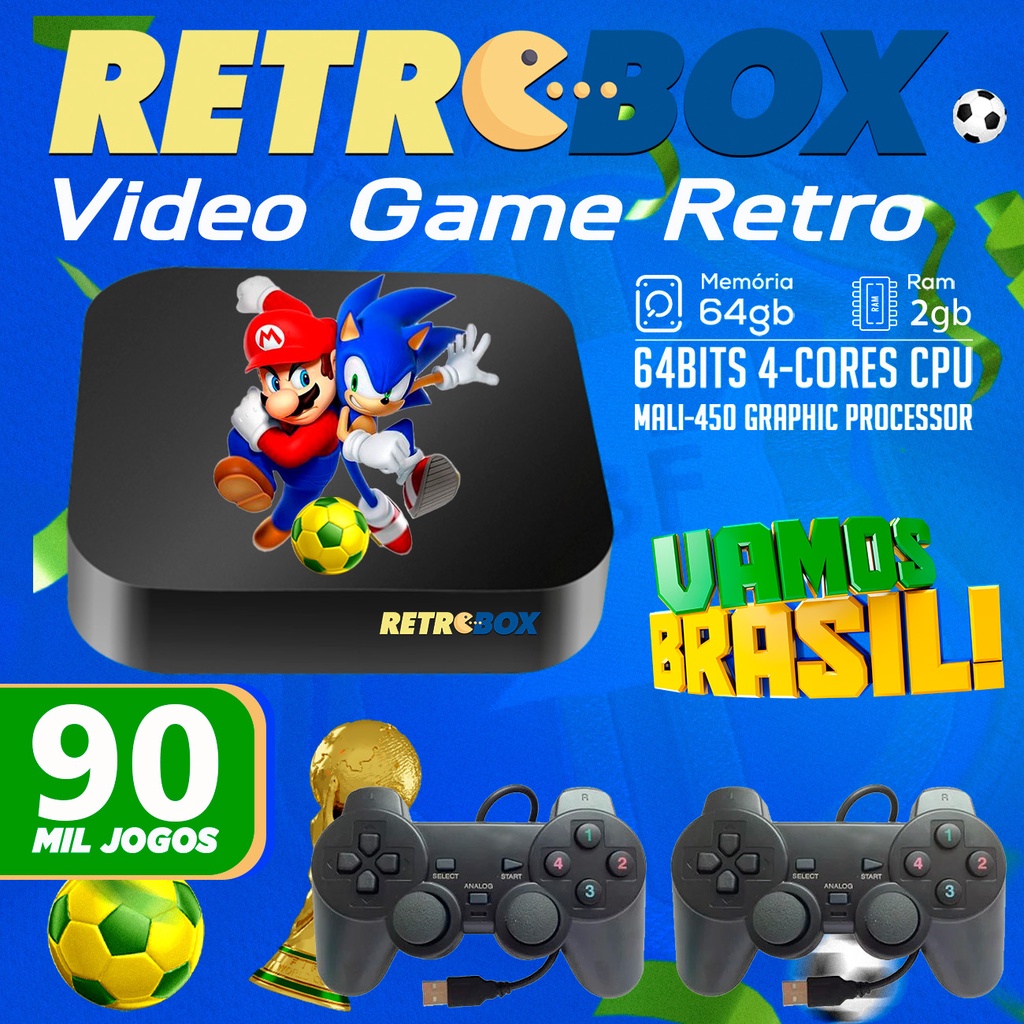 video game retro Box 90 mil Jogos memoria 64gb 2 Controles Com Fio usb ...