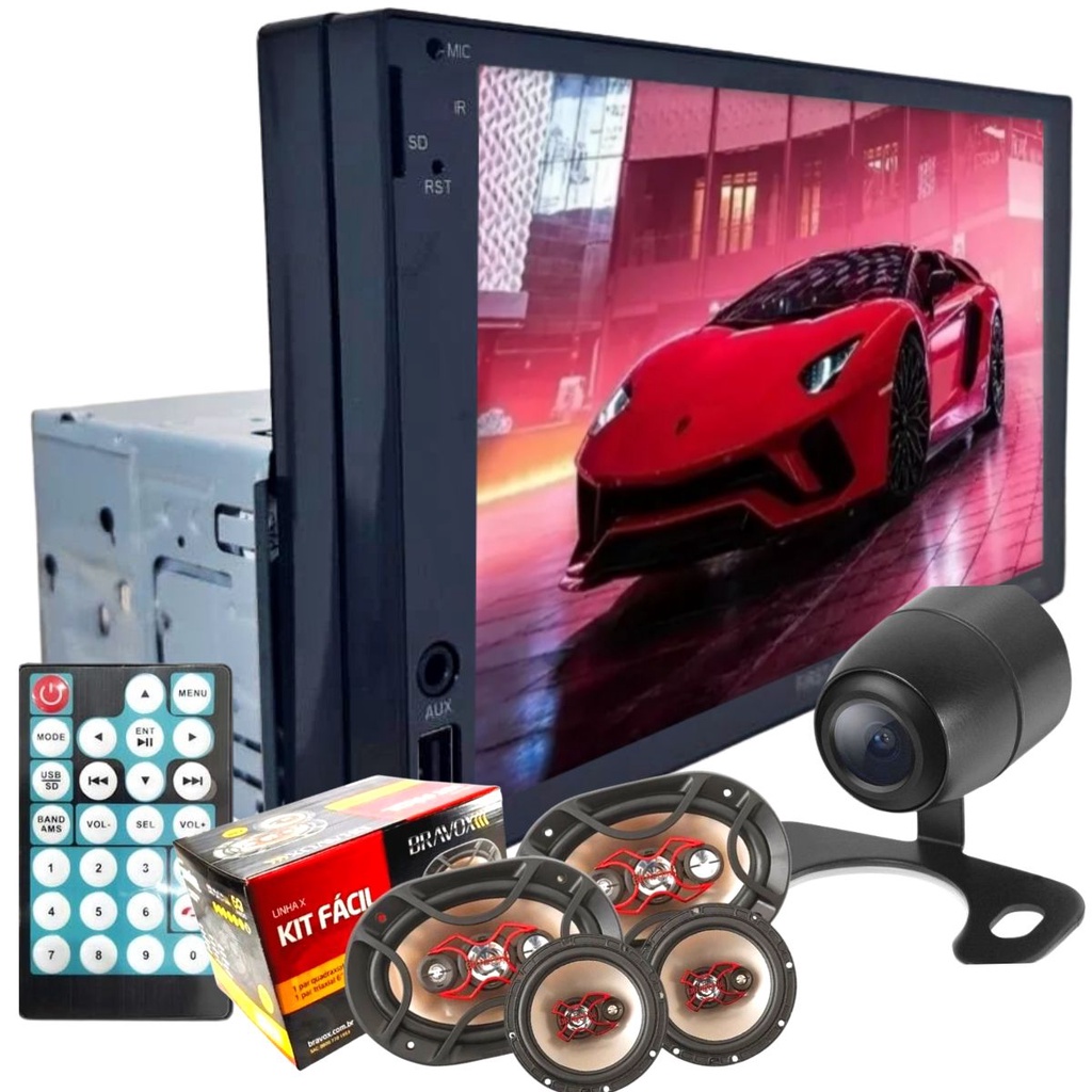 Kit Som Automotivo Central Multimidia Mp5 1Din+Camera Ré Colorida Estacionamento+4 Alto Falante ...