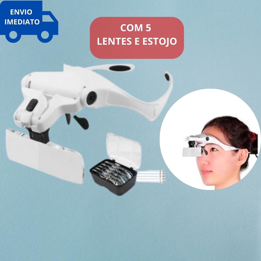 Óculos Lupa de Cabeça Led com Elástico e 5 Lentes Dentista Costura ...