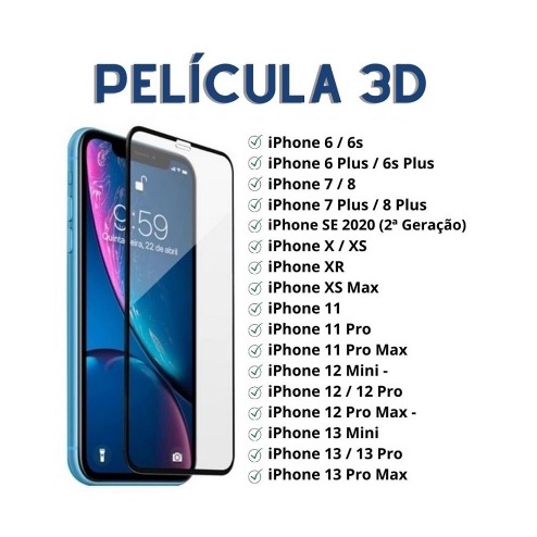 Película de Vidro 3D Full Cover Disponível Para Todos iPhone 11 12 13 ...