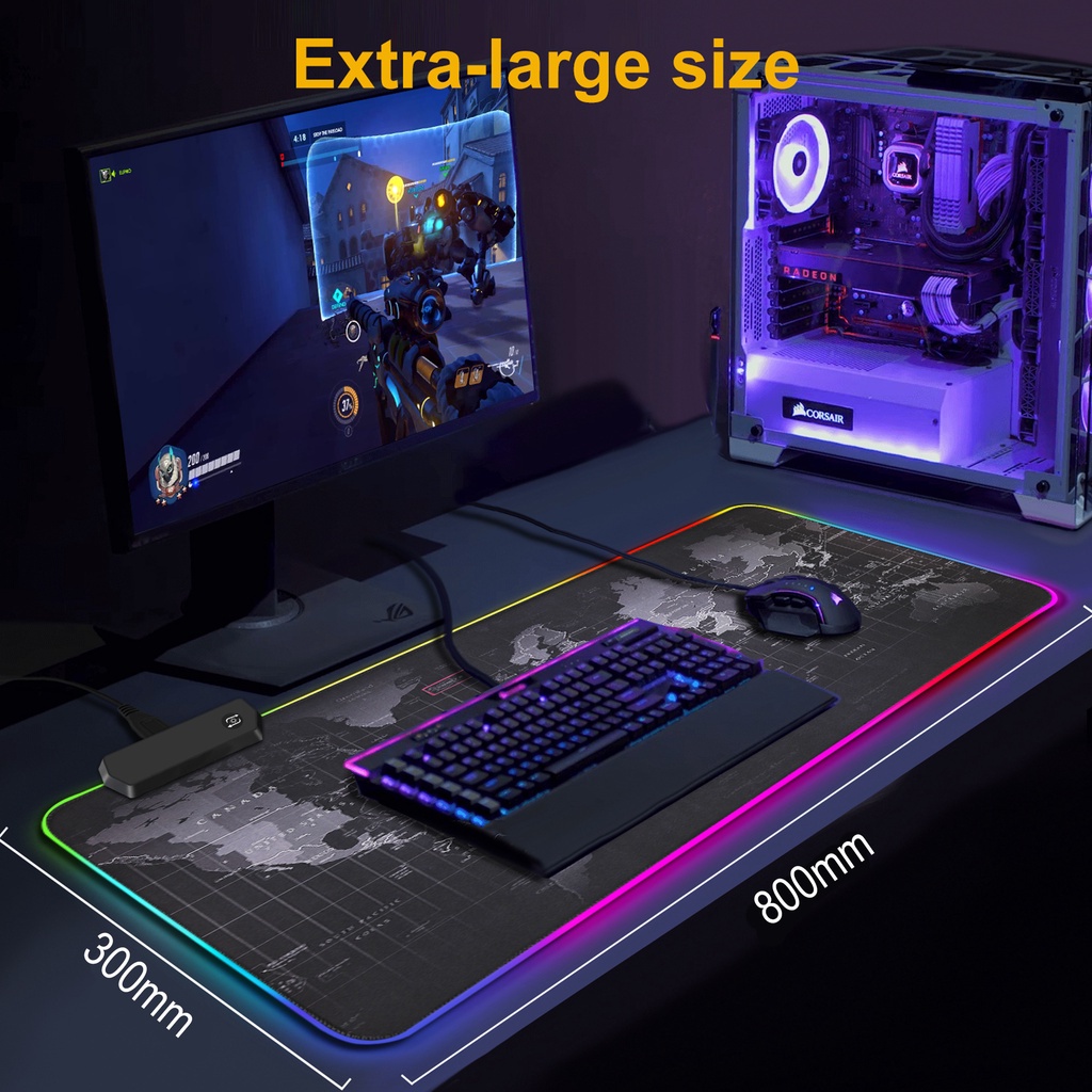 Mouse Pad Gamer Com Led Preto 80X30 LED RGB Speed Extra Grande ...