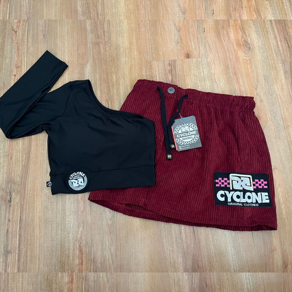 Kit Saia Da Cyclone Veludo Vinho Pop e Cropped Uma Manga | Shopee Brasil